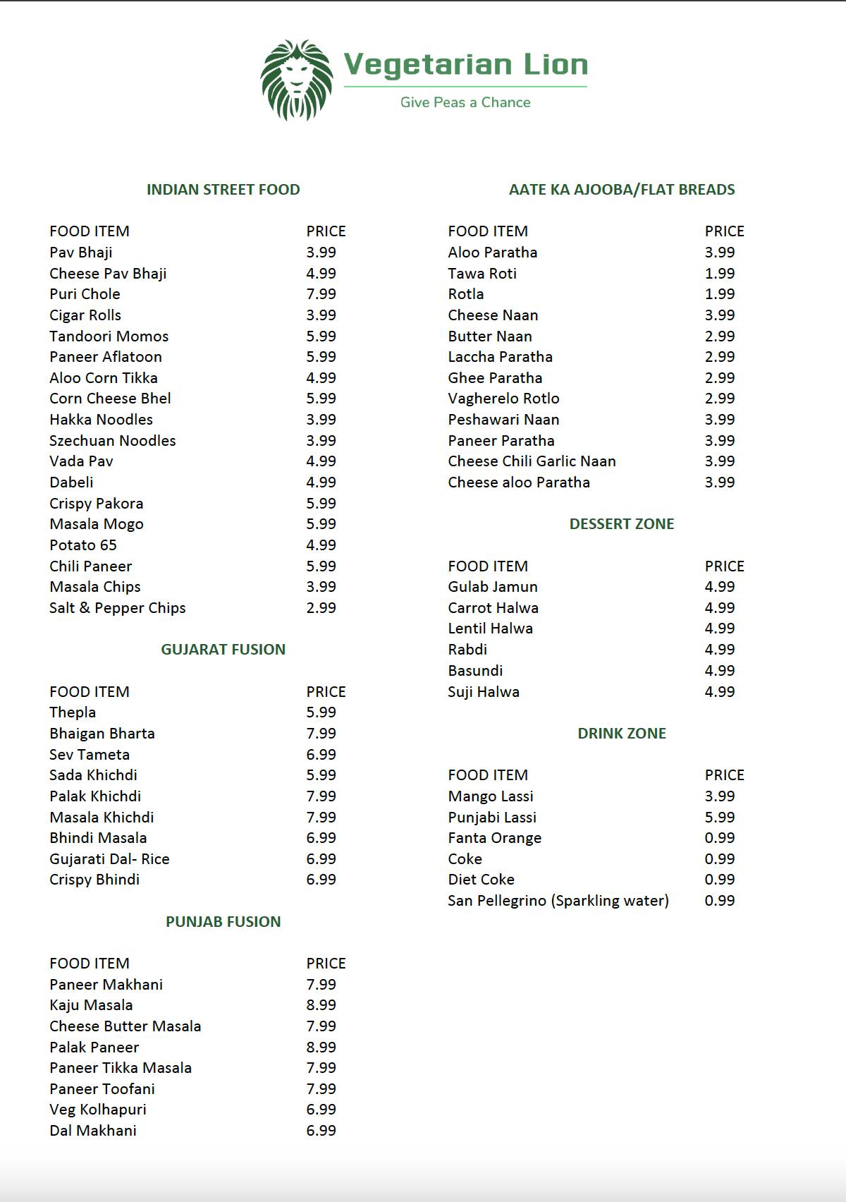 Menu at Vegetarian Lion restaurant, London