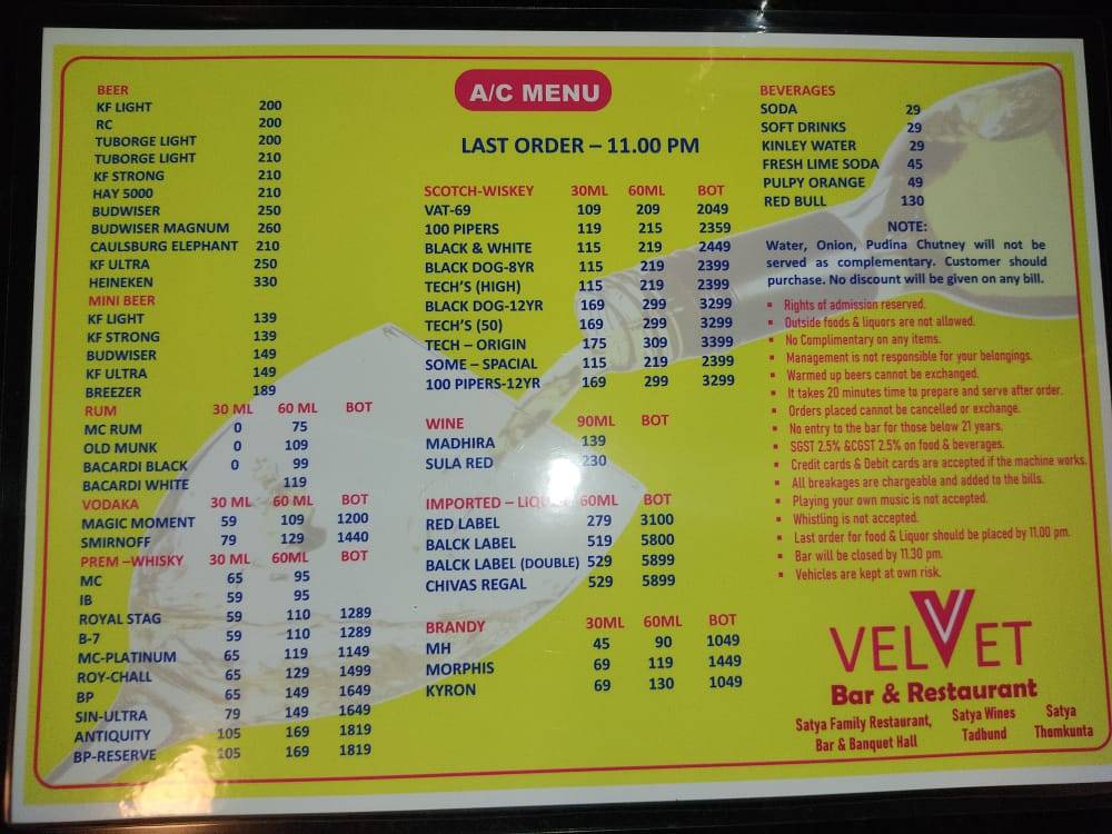 Menu at Velvet Bar & Restaurant, Hyderabad