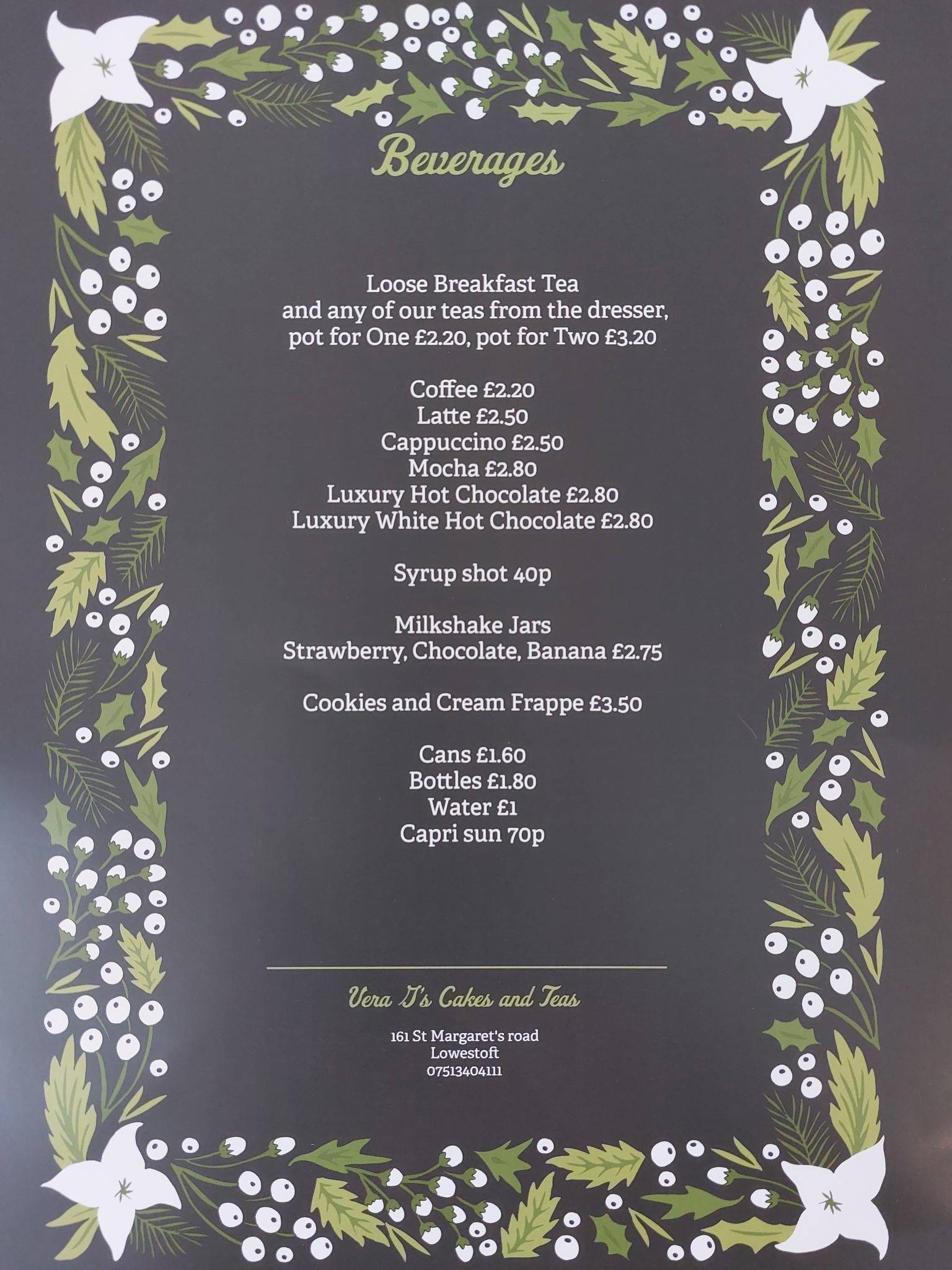 Menu at Vera Gs Cakes and Teas cafe, Lowestoft