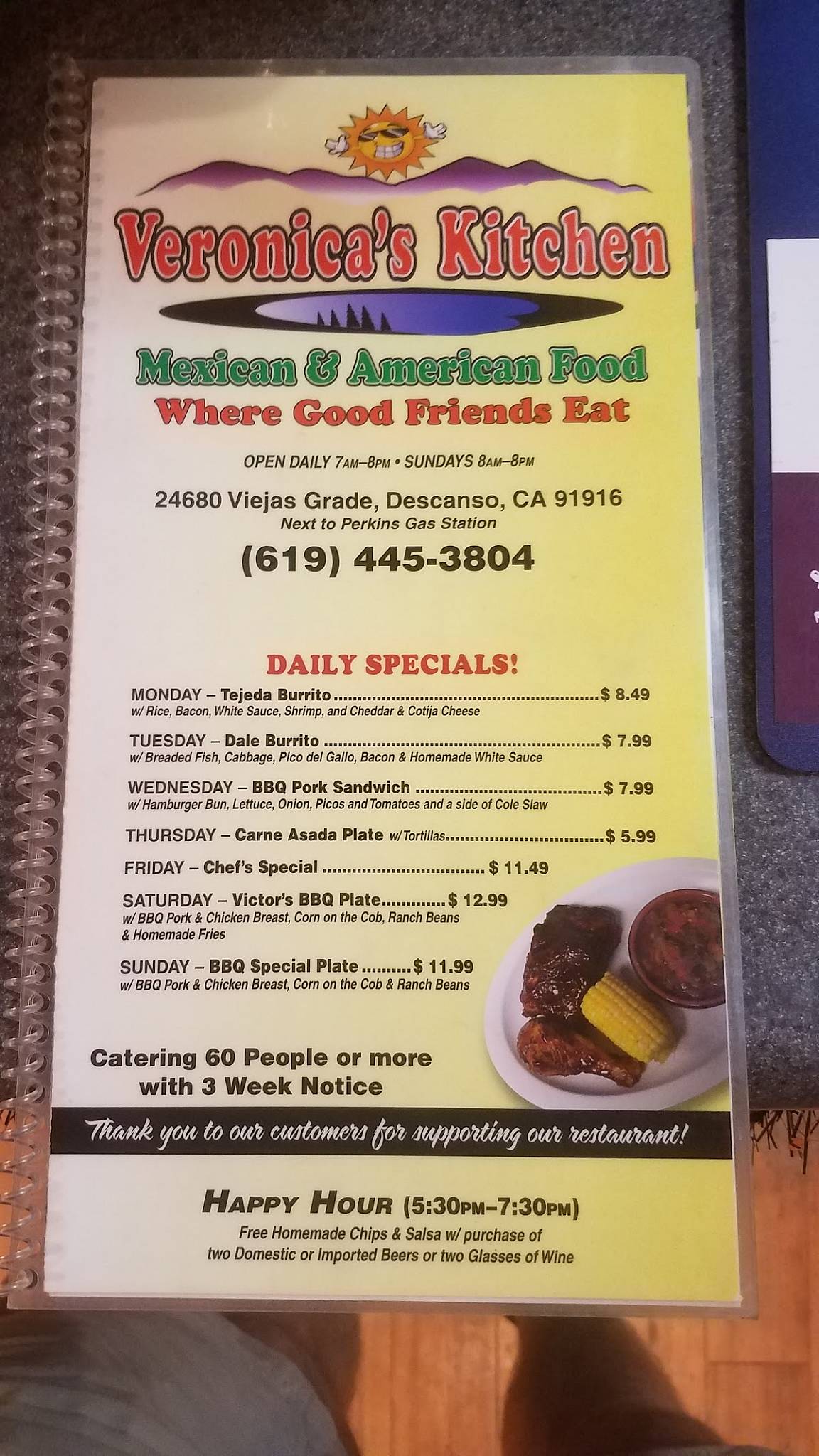 Menu at Veronica's Kitchen restaurant, Descanso, Viejas Grade Rd