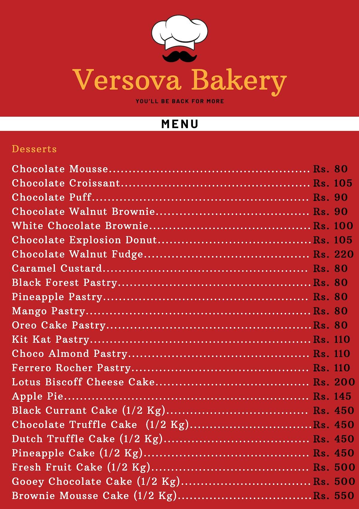 Menu at Versova, Mumbai, Shop No. 4