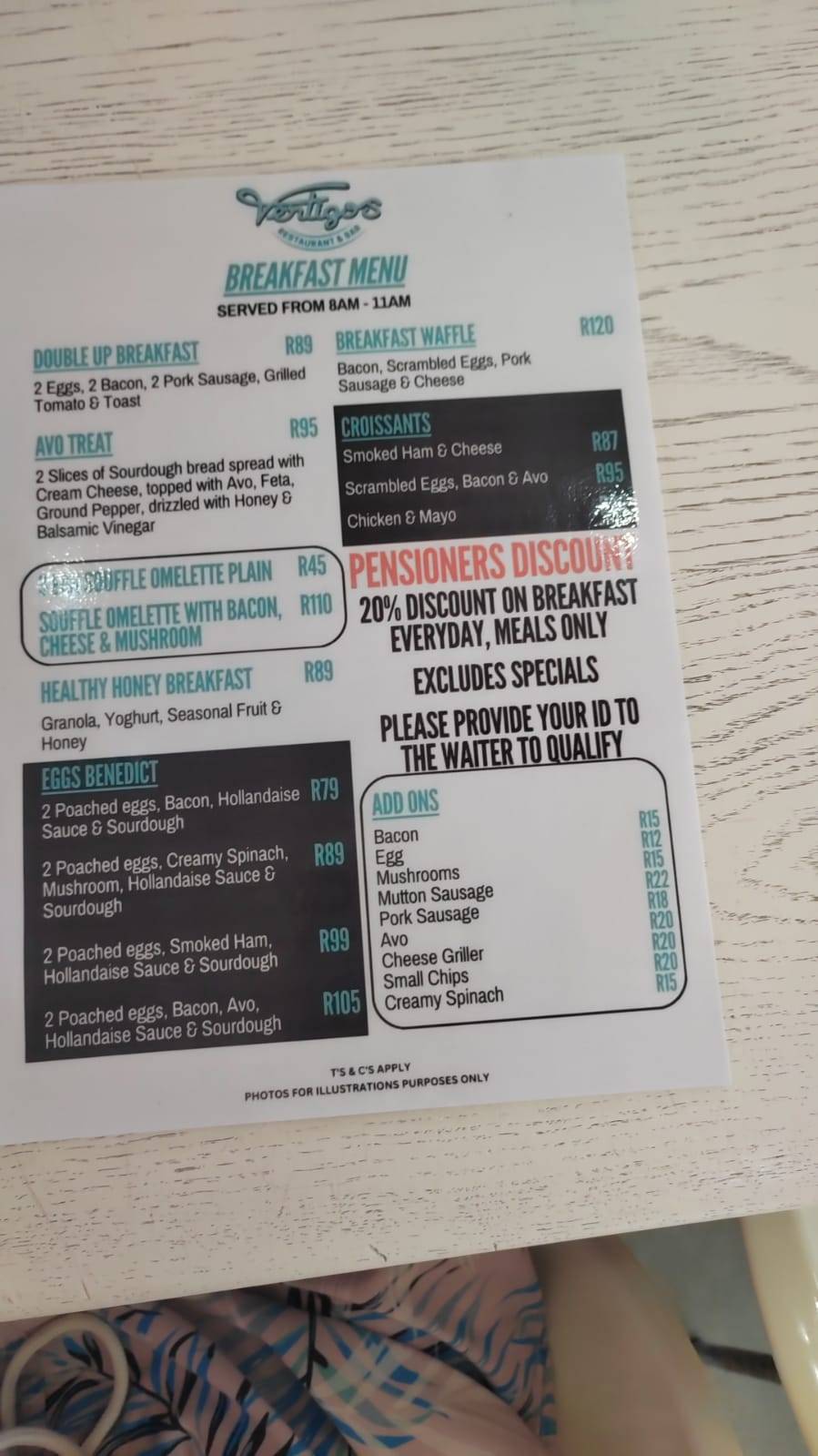 Menu at Vertigo's restaurant, Scottburgh