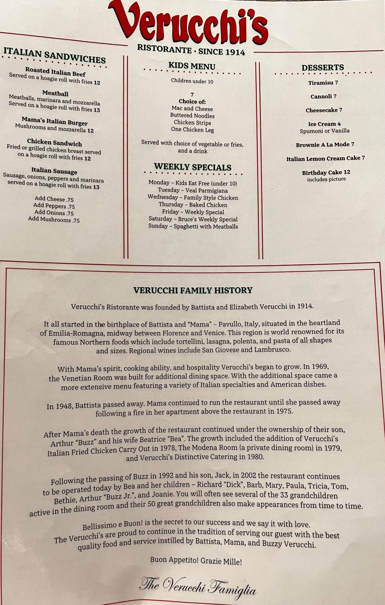 Menu at Verucchi's Ristorante restaurant, Spring Valley