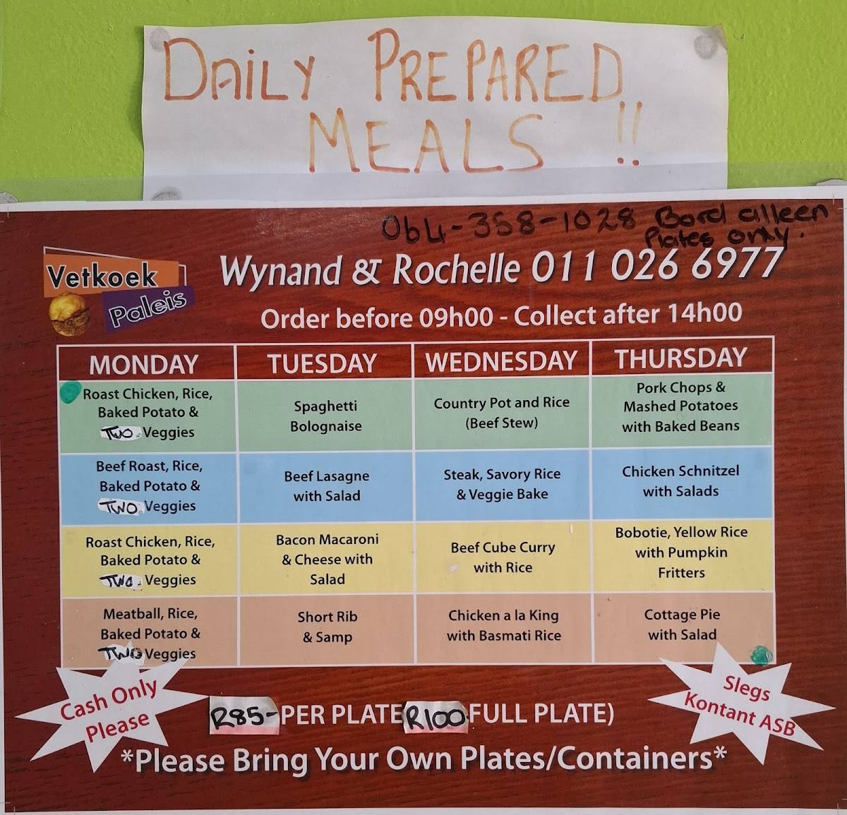 Menu at Vetkoek Paleis restaurant, Roodepoort, 37A Anstruther St