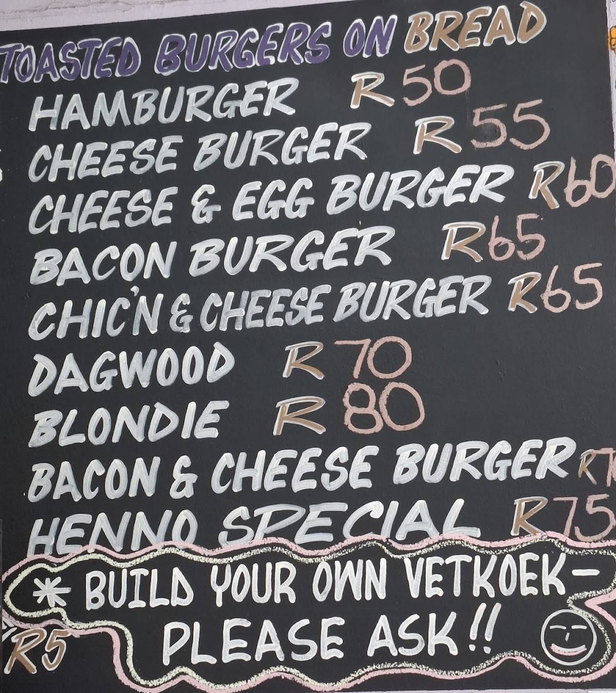 Menu at Vetkoek Paleis restaurant, Roodepoort, 37A Anstruther St