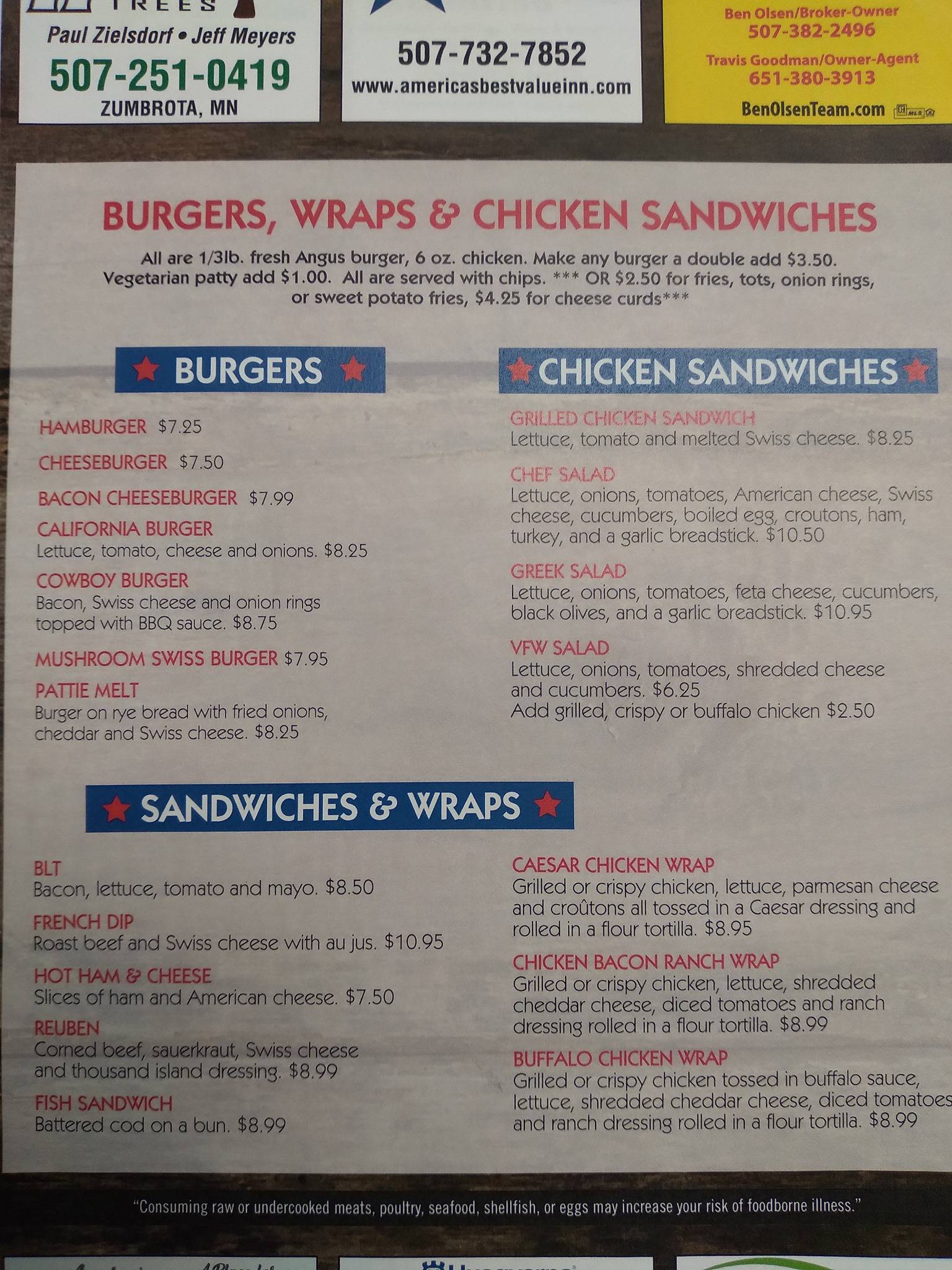 Menu at Vfw Hall pub & bar, Zumbrota