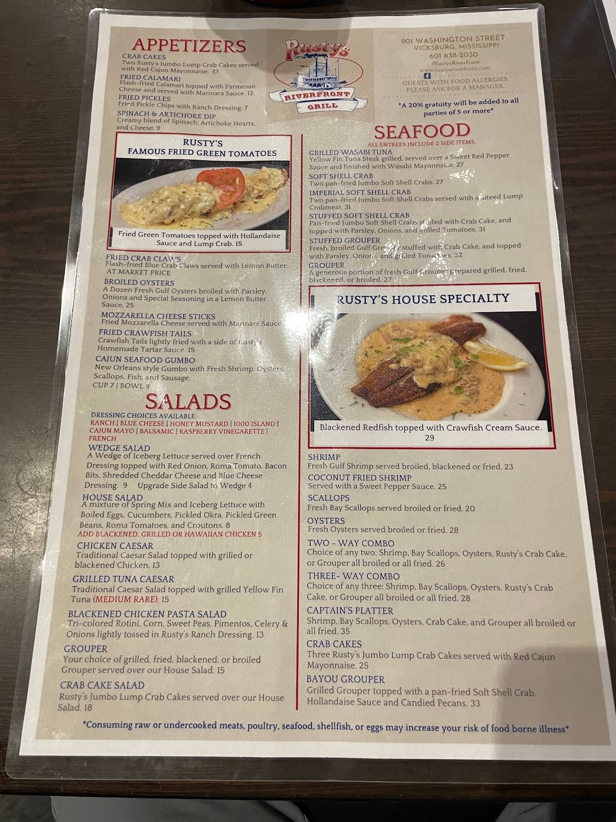 Menu at Rusty's Riverfront Grill restaurant, Vicksburg