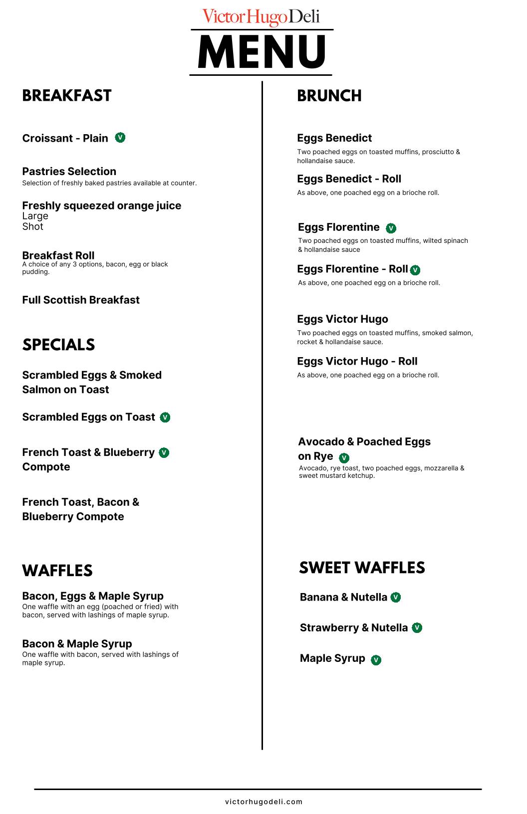 Menu at Victor Hugo Deli - The Meadows cafe, Edinburgh, 26/27 Melville ...