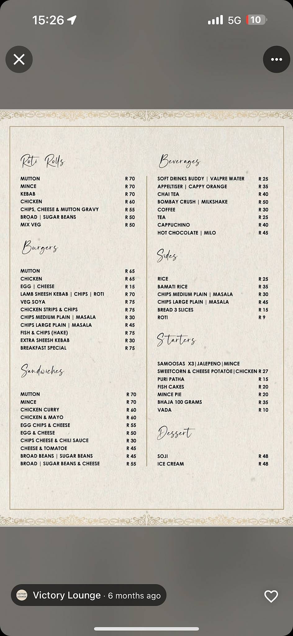 Menu at Victory Lounge restaurant, Umhlanga, Shop 28