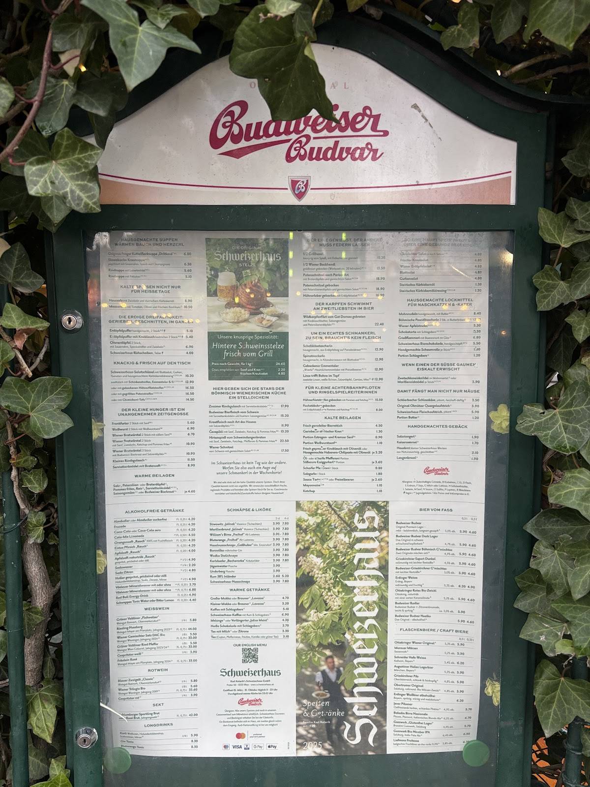 Menu at Schweizerhaus pub & bar, Vienna