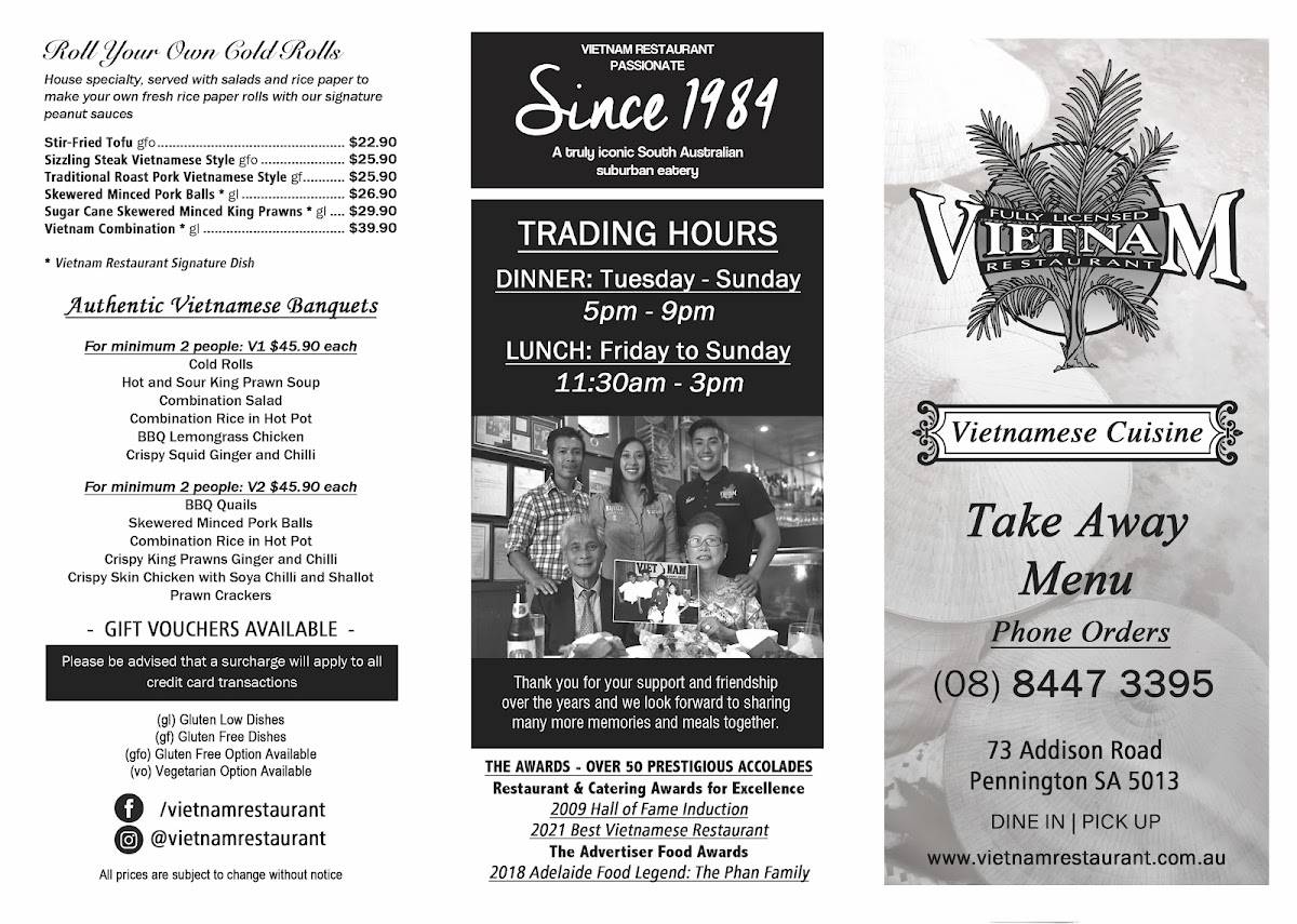 Menu at Vietnam Restaurant, Pennington