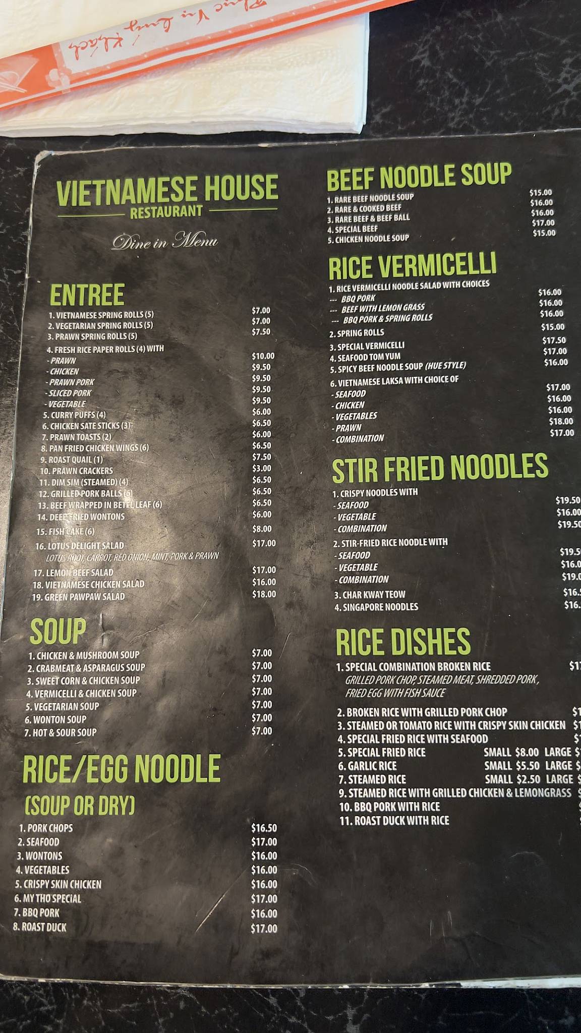 Menu at Vietnamese House Restaurant, Dickson