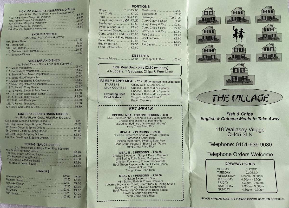 Menu at Village Fish & Chip Shop restaurant, Wallasey