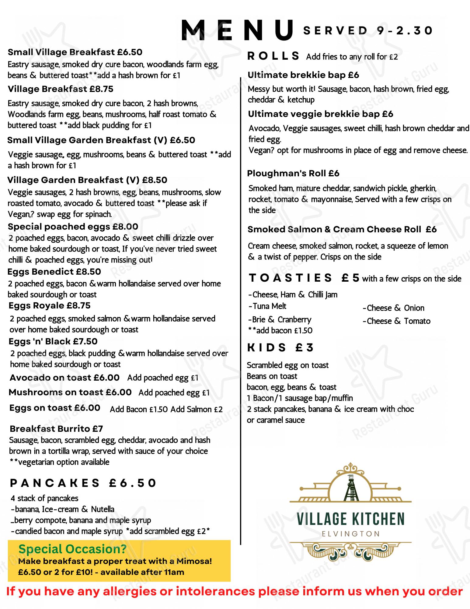 Menu at Village Kitchen Elvington restaurant, Shepherdswell
