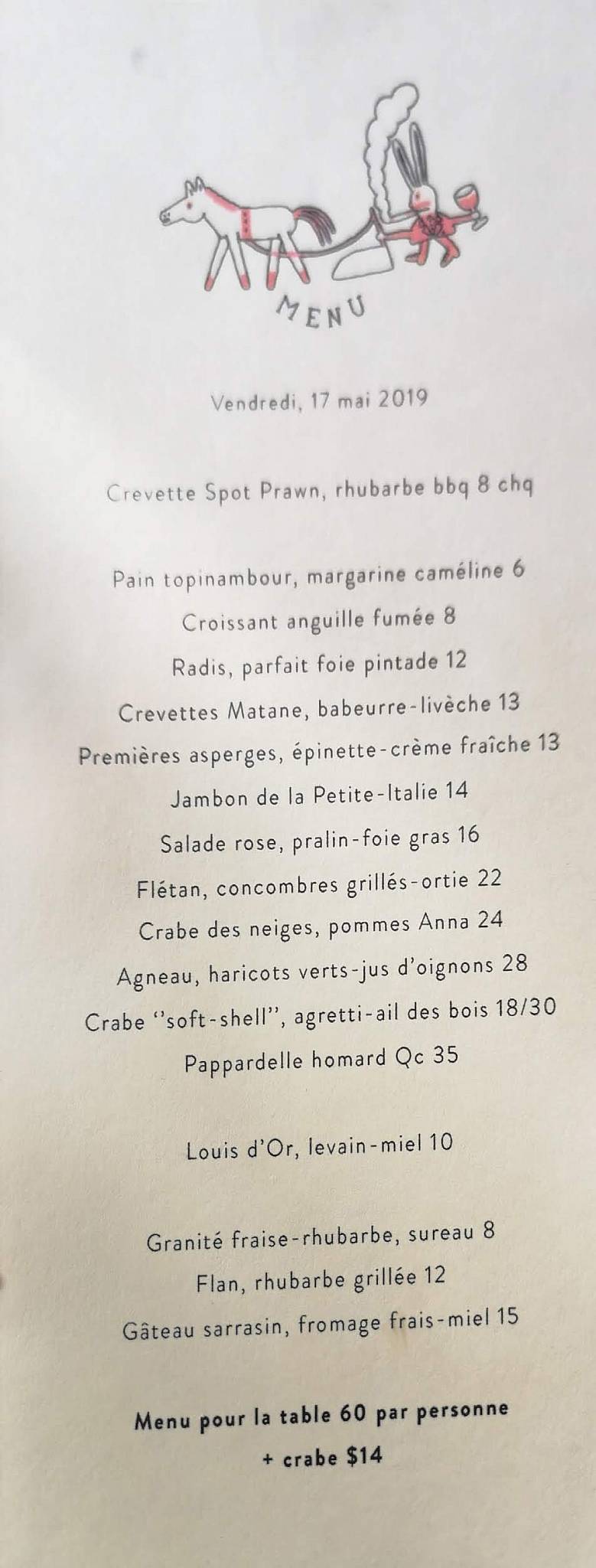 Menu au Mon Lapin pub et bar, Montréal