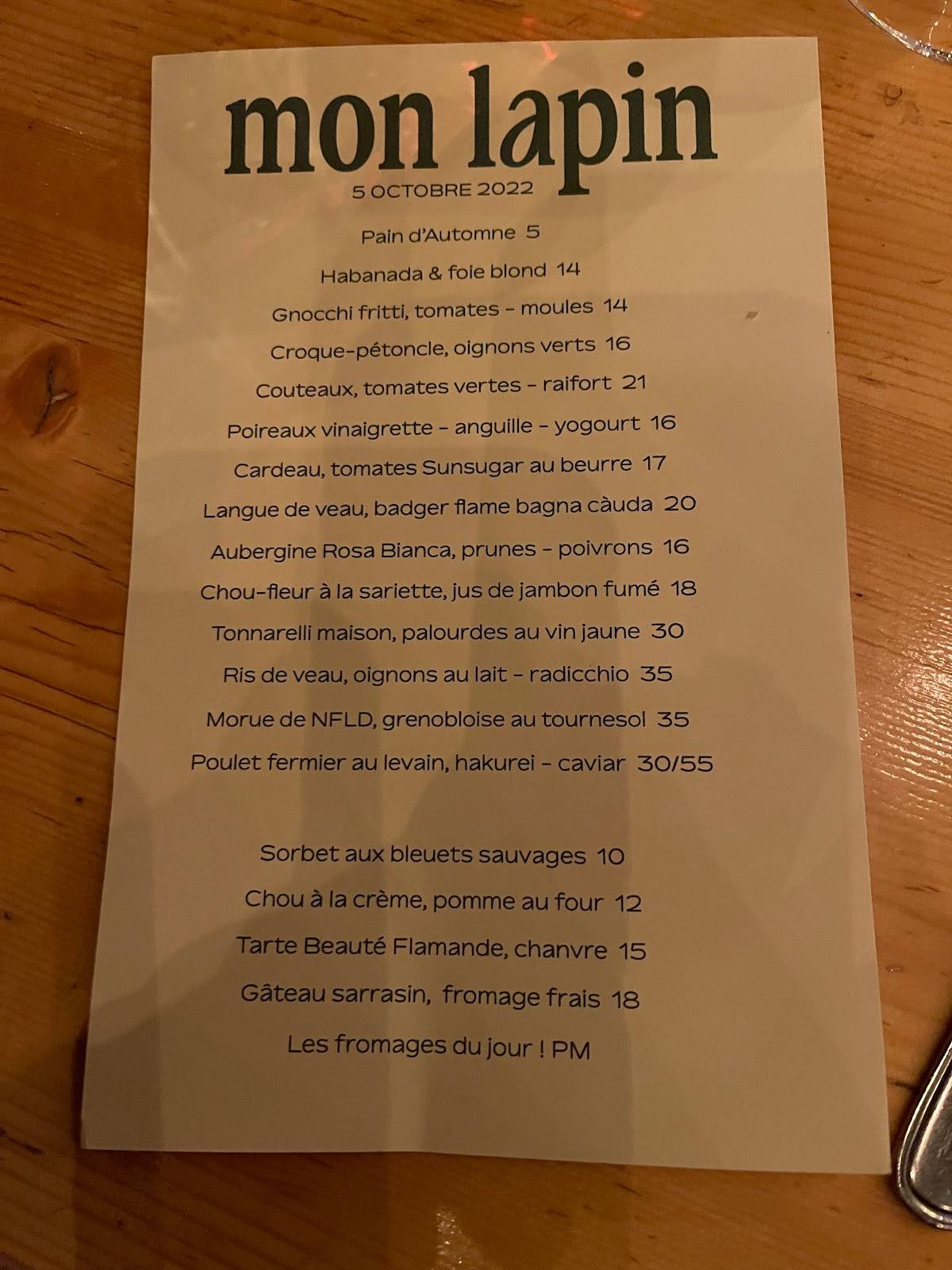 Menu au Mon Lapin pub et bar, Montréal