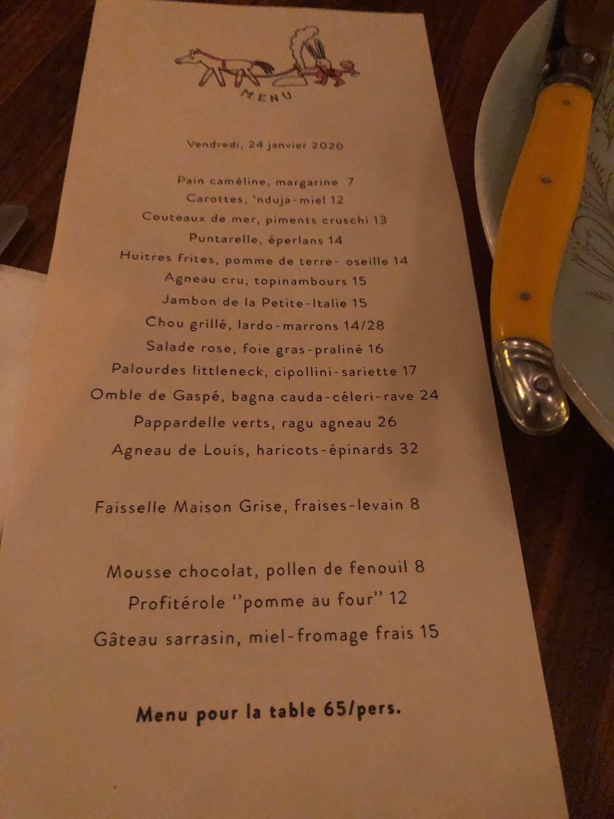 Menu au Mon Lapin pub et bar, Montréal