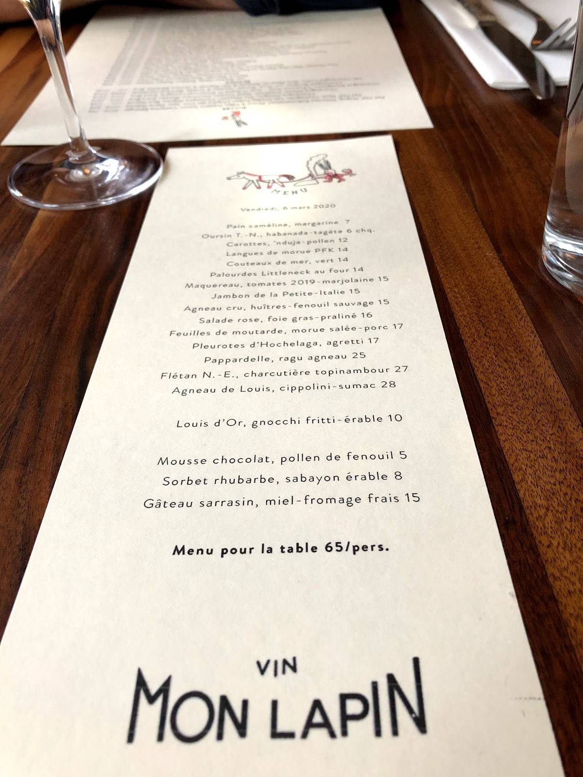 Menu au Mon Lapin pub et bar, Montréal
