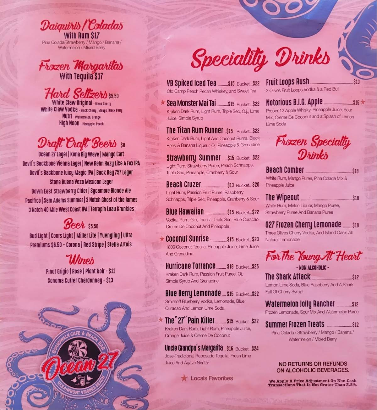 Menu at Ocean 27 pub & bar, Virginia Beach