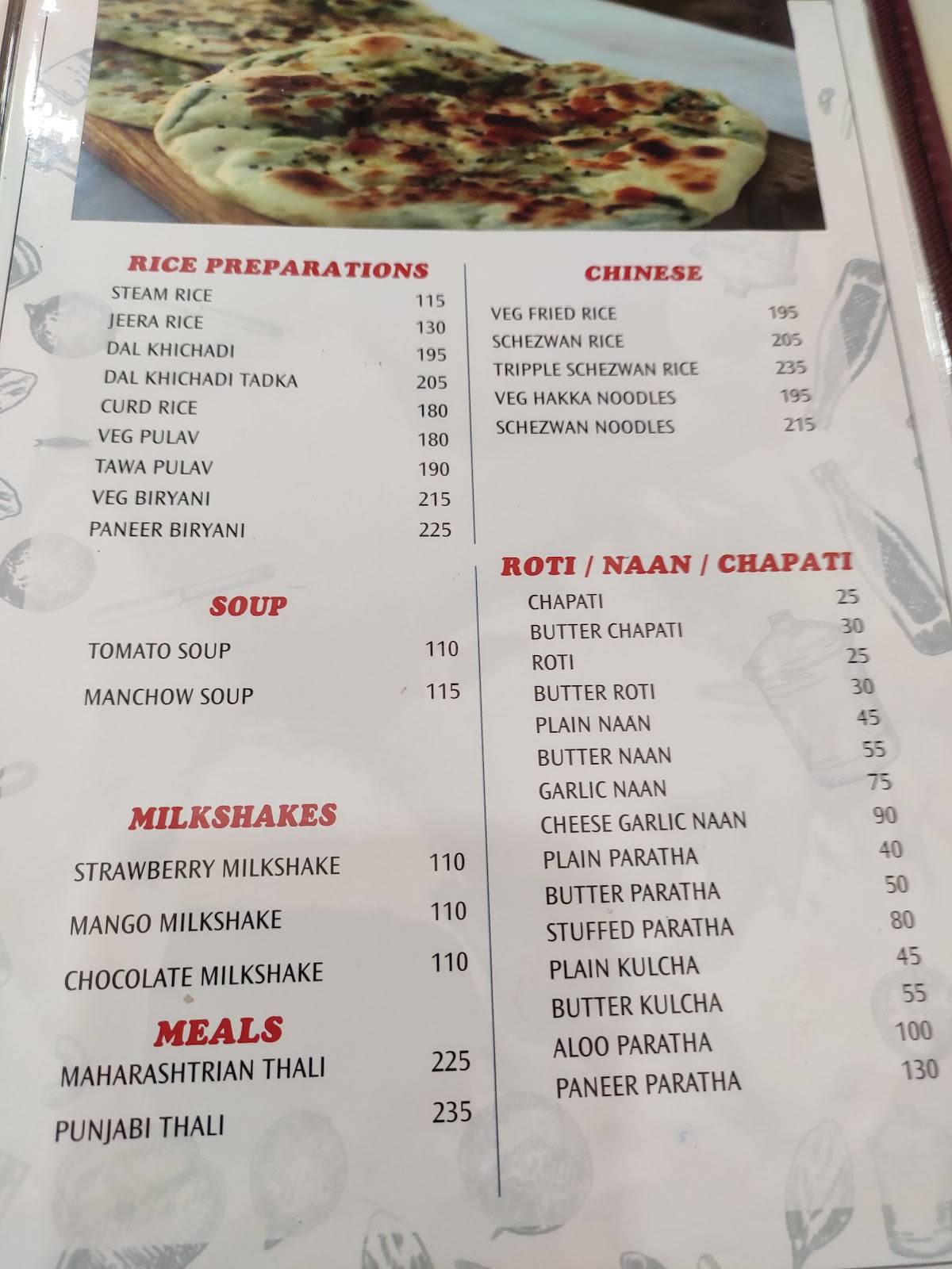 Menu at Vithal Kamat, Mahabaleshwar