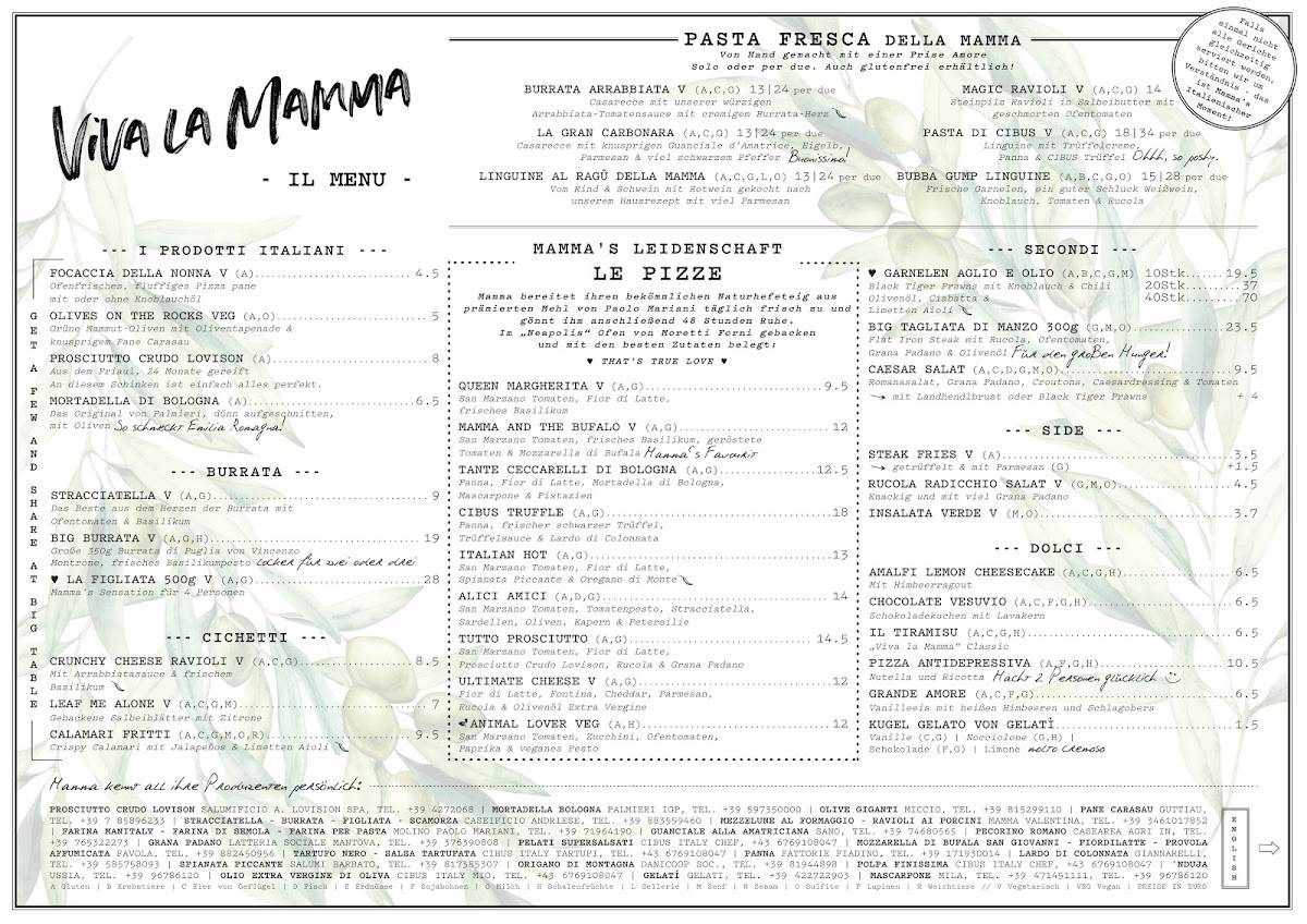 Speisekarte von Viva la Mamma restaurant, Wien