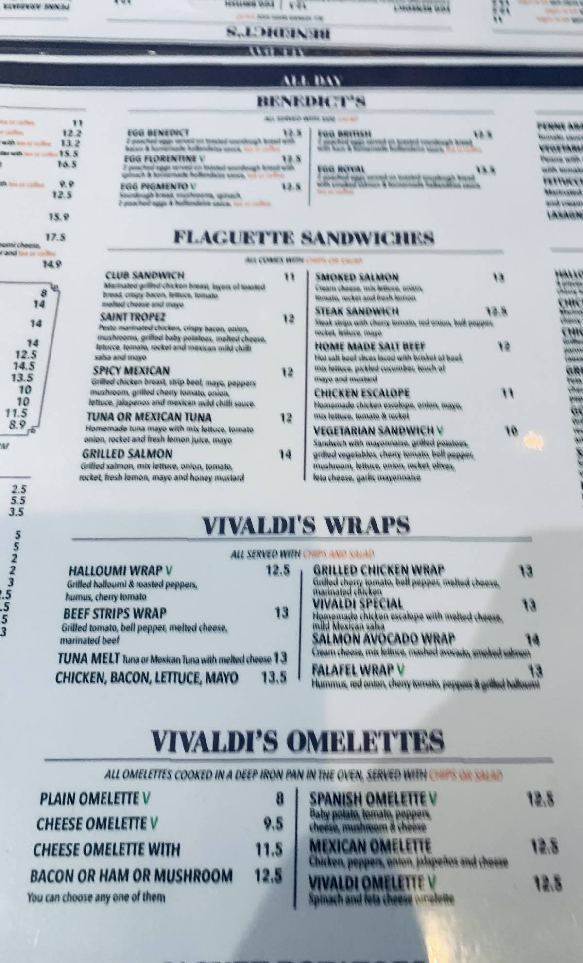 Menu at Vivaldi Brasserie restaurant, Loughton