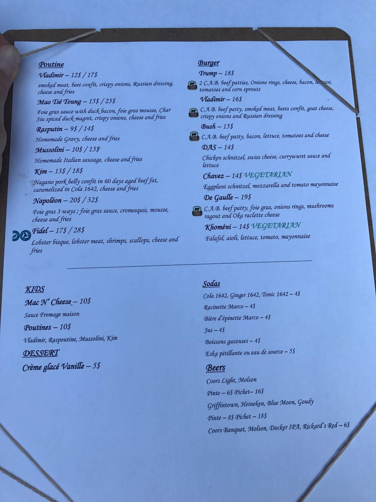 Menu at Vladimir Poutine Montréal restaurant, Montréal