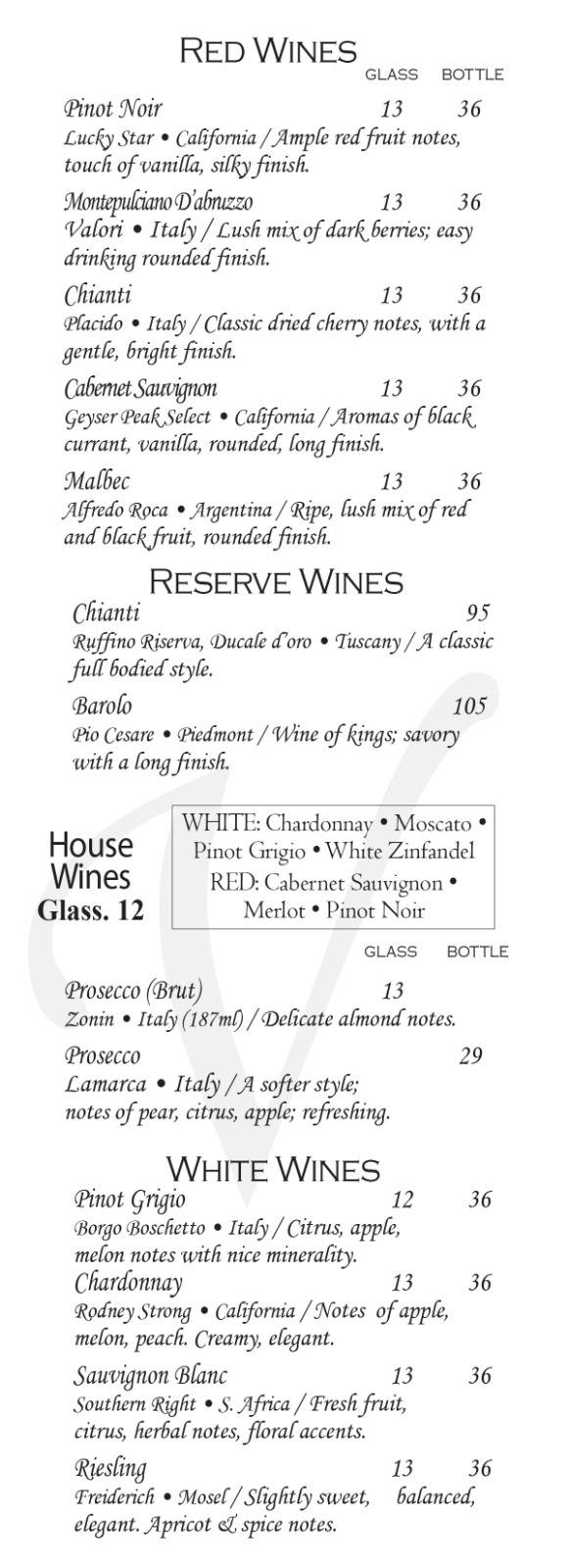 Menu at Volare restaurant, Revere