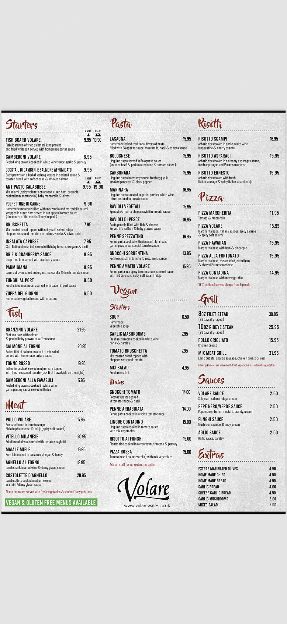 Menu at Volare Italian Restaurant, Caerphilly