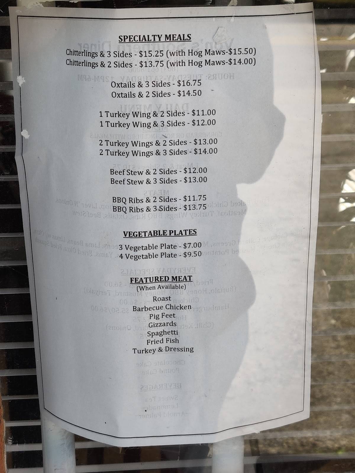 Menu at Von's Southern Diner restaurant, Columbia, N Main St Suite E