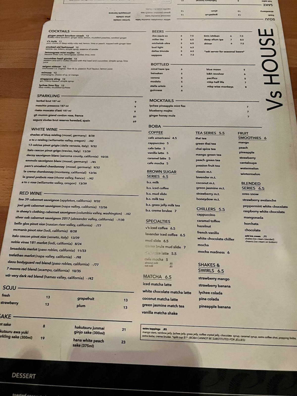 Menu at V's House restaurant, North Richland Hills