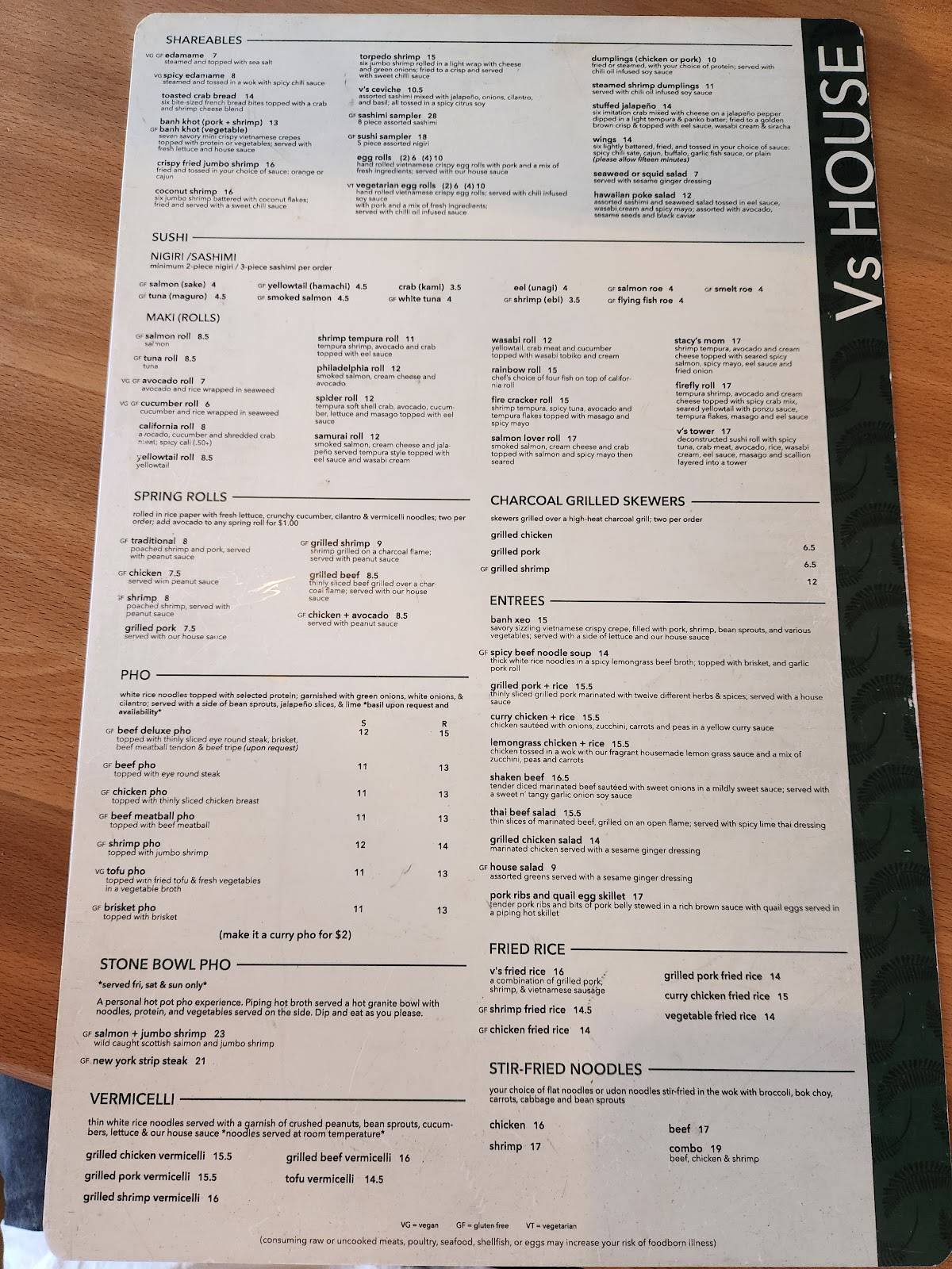 Menu at V's House restaurant, North Richland Hills