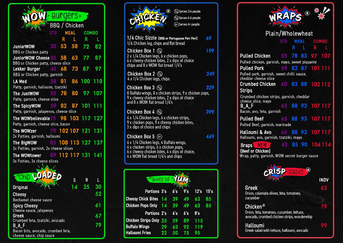 Carta del restaurante WOW Street Food Court Loch Logan, Bloemfontein