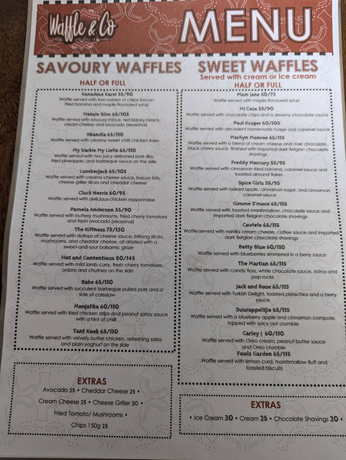 Menu at Waffle & Co restaurant, Dullstroom, Shop 2
