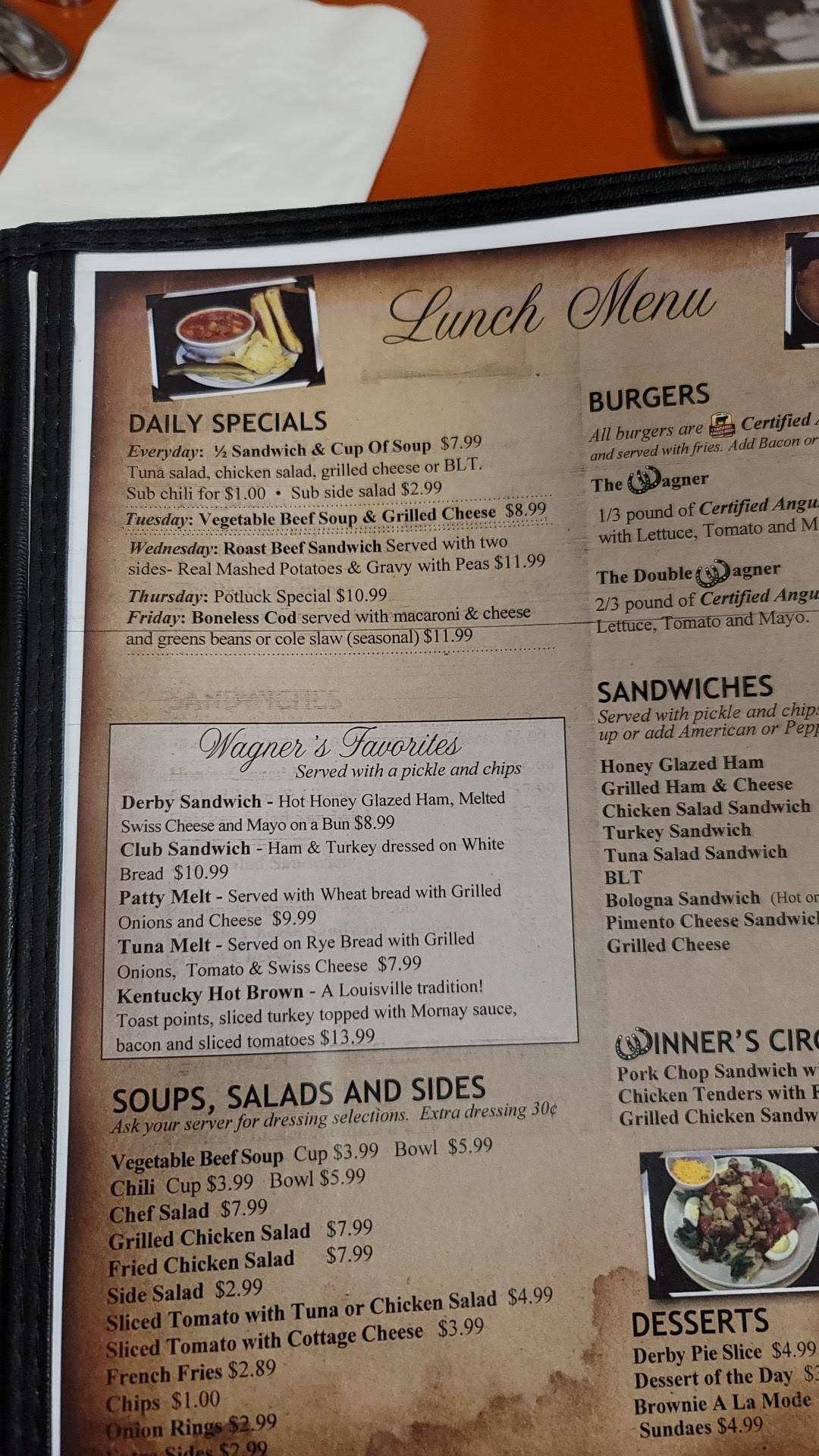 Menu at Wagner's Pharmacy restaurant, Louisville