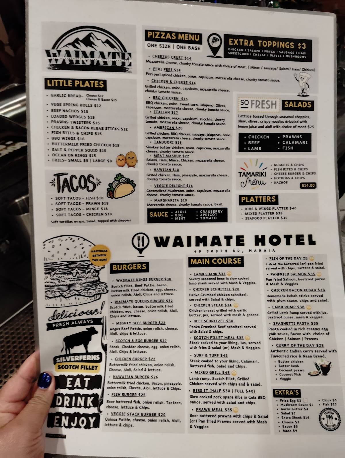 Menu at Waimate Hotel-Manaia pub & bar, Manaia