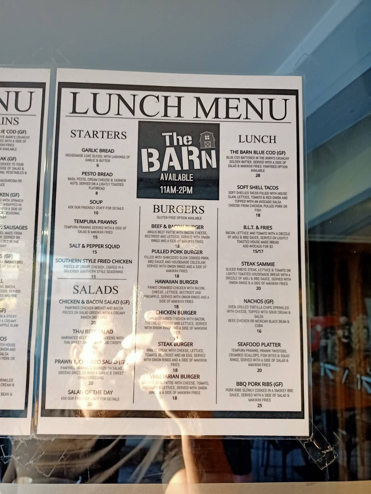 Menu at The Barn, Waimate