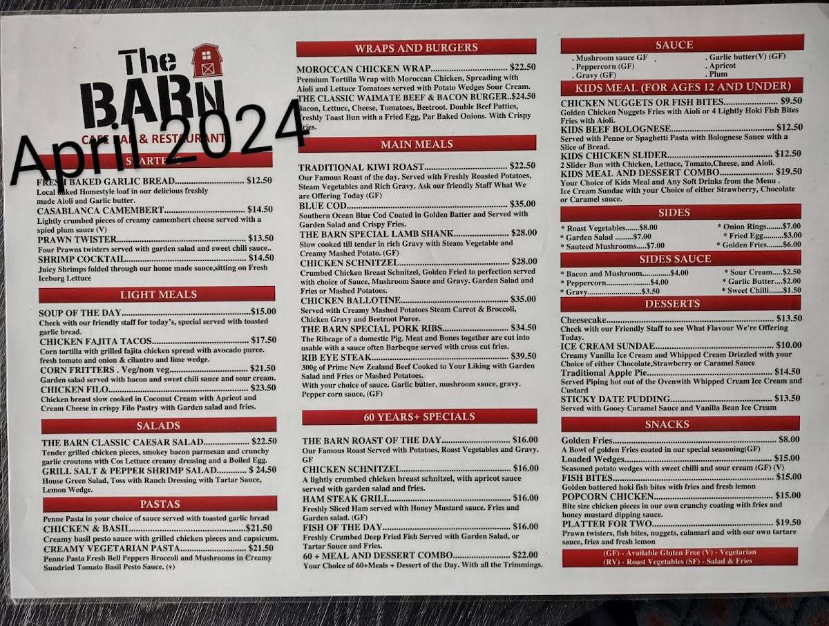 Menu at The Barn, Waimate