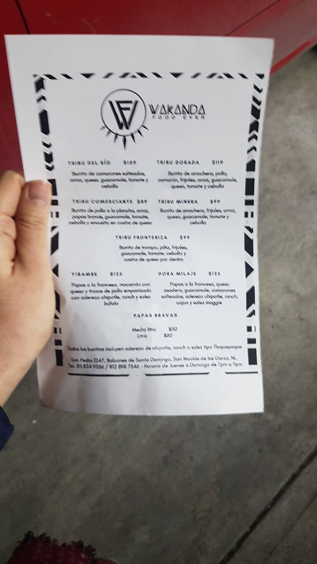 Carta del restaurante Wakanda Food Ever, San Nicolás del los Garza