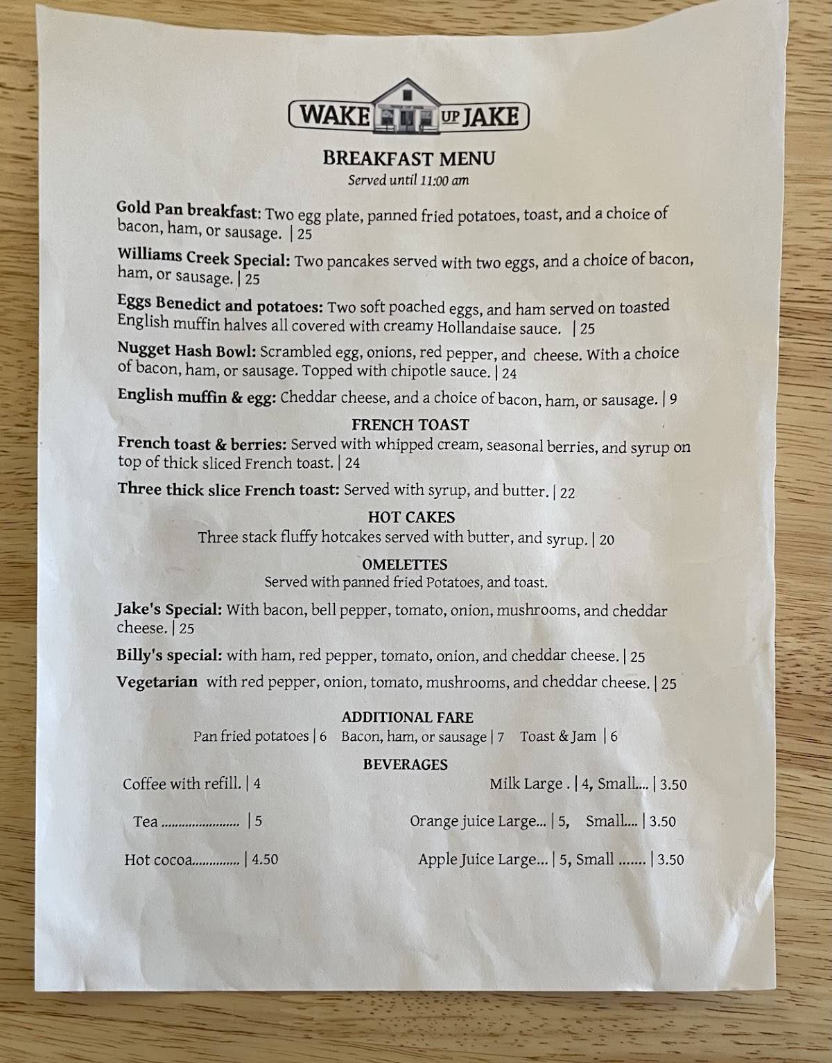 Menu at Wake Up Jake Restaurant, Barkerville
