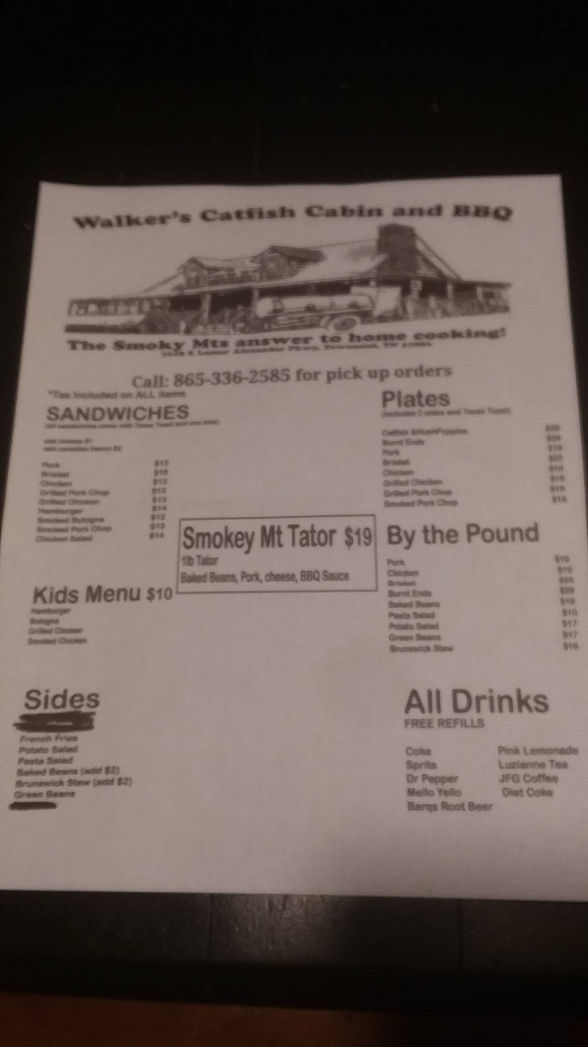 Menu at Walker's Catfish Cabin and BBQ, Townsend