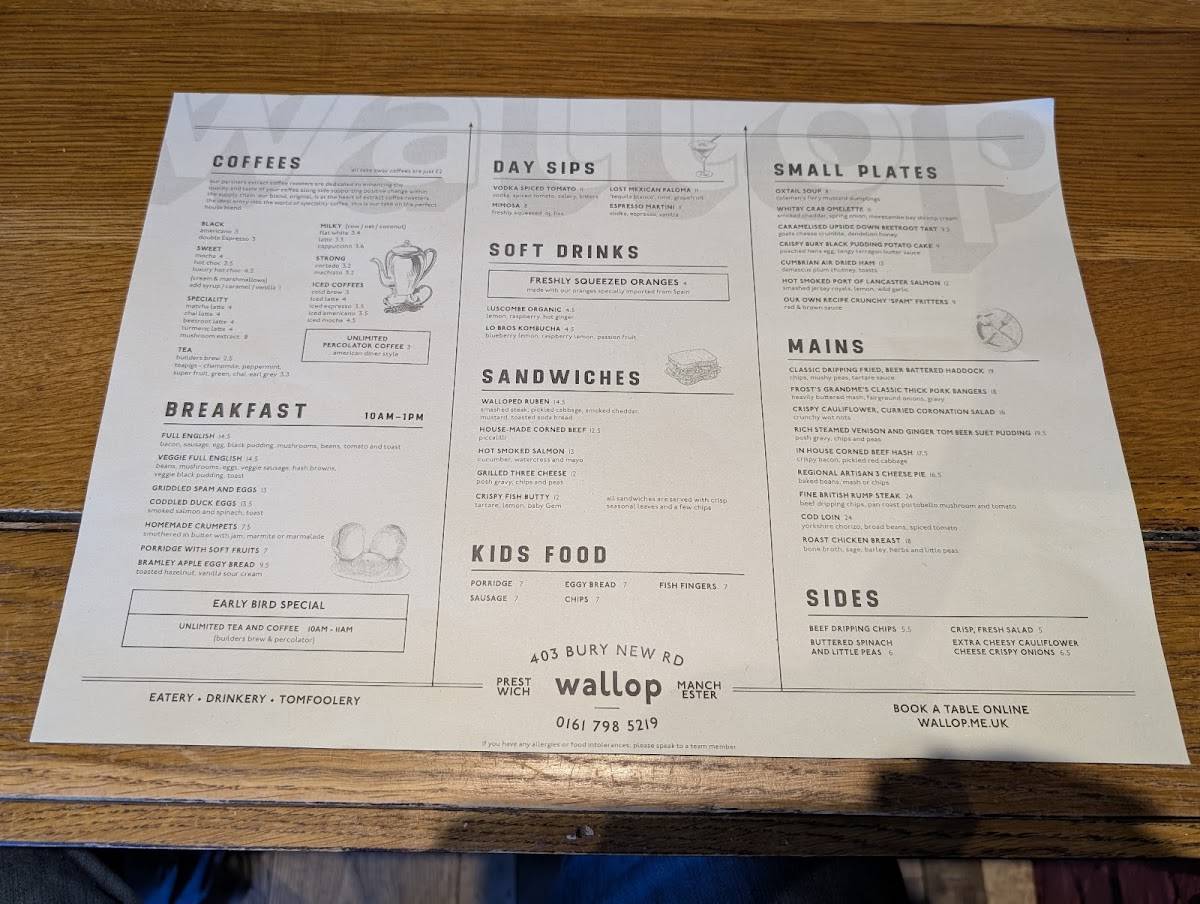 Menu at Wallop Prestwich restaurant, Manchester, 403 Bury New Rd