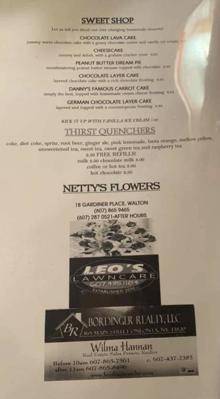 Menu at Danny’s restaurant, Walton