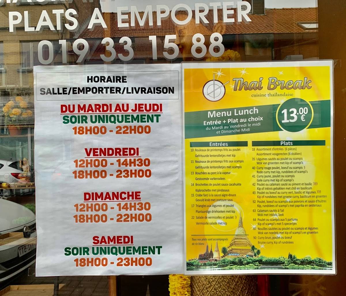 Menu au Thai Break, Waremme