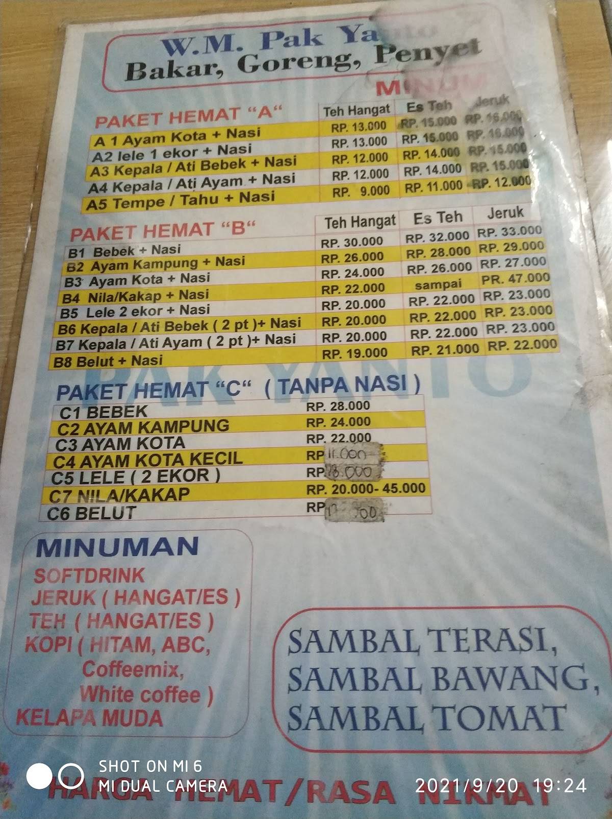 Menu at Warung Makan Pak Yanto Jatinom restaurant, Klaten, 9J82+QWQ
