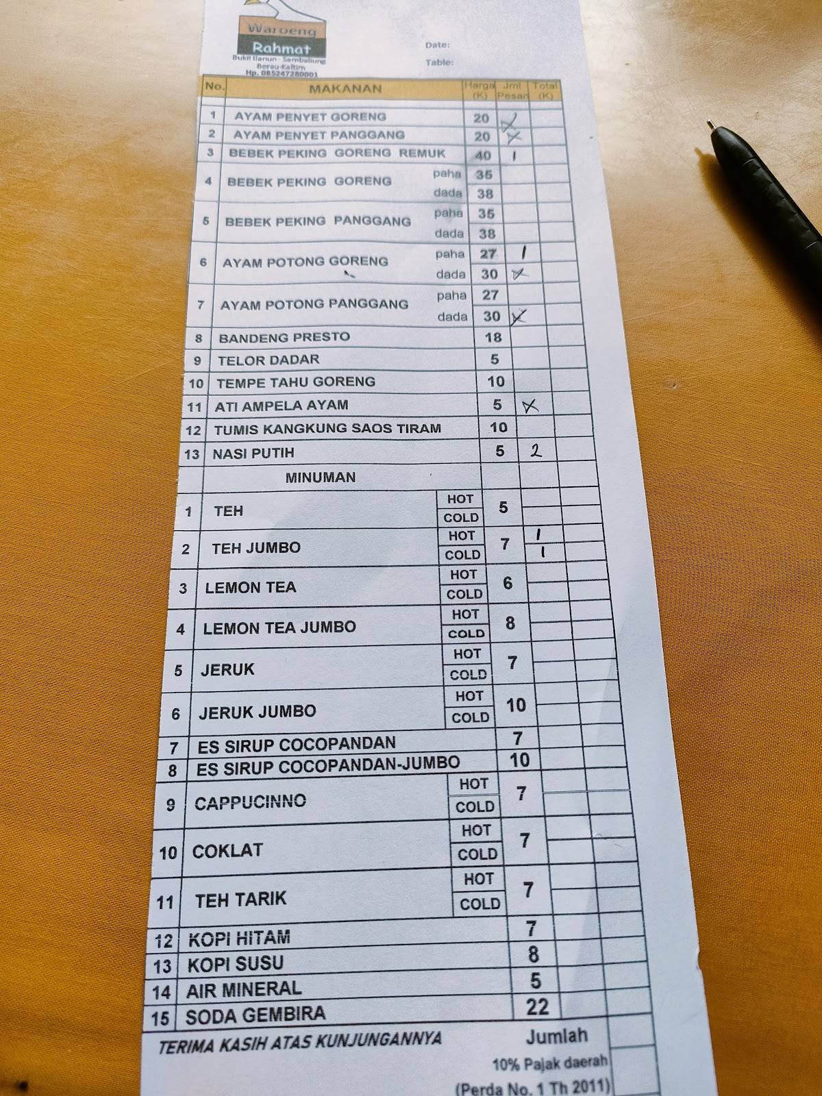 Menu at Warung Rahmat - Rooftop restaurant, Sambaliung