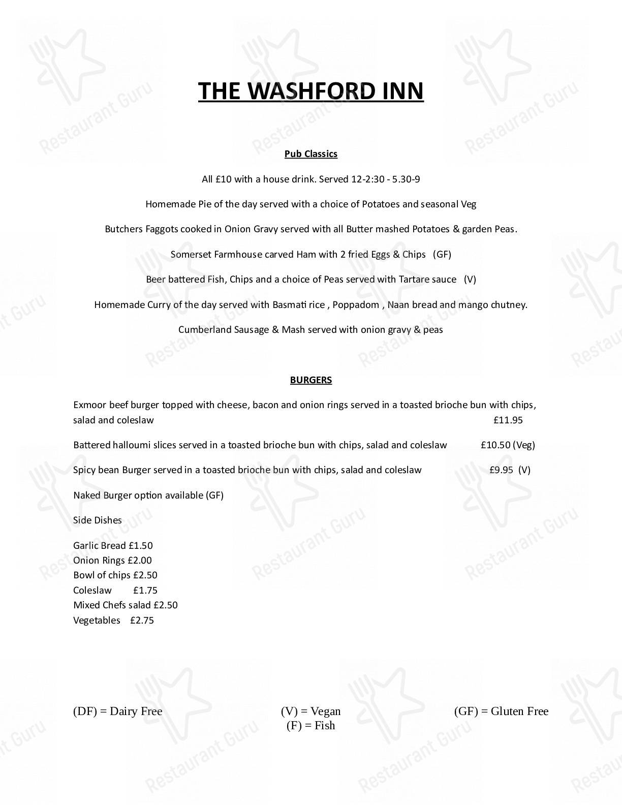 Menu at Washford Inn pub & bar, Watchet, 1 Station Rd