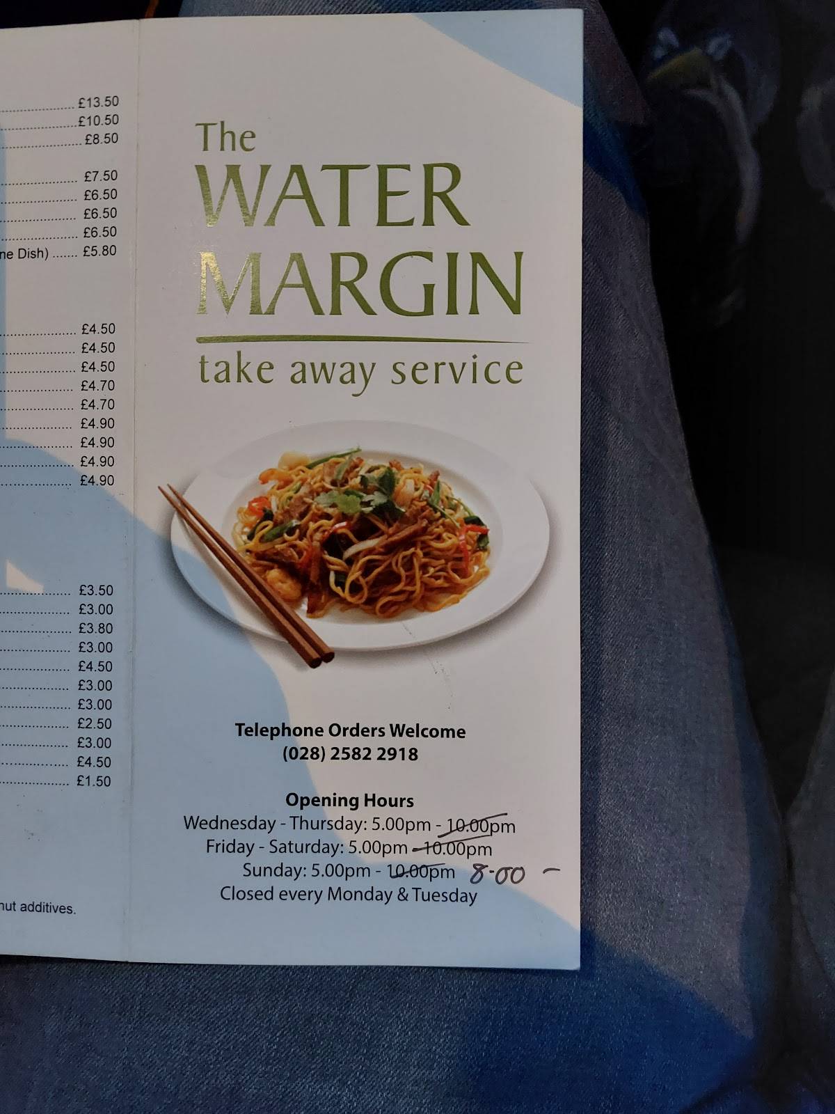 Menu at Water Margin fast food, Portglenone