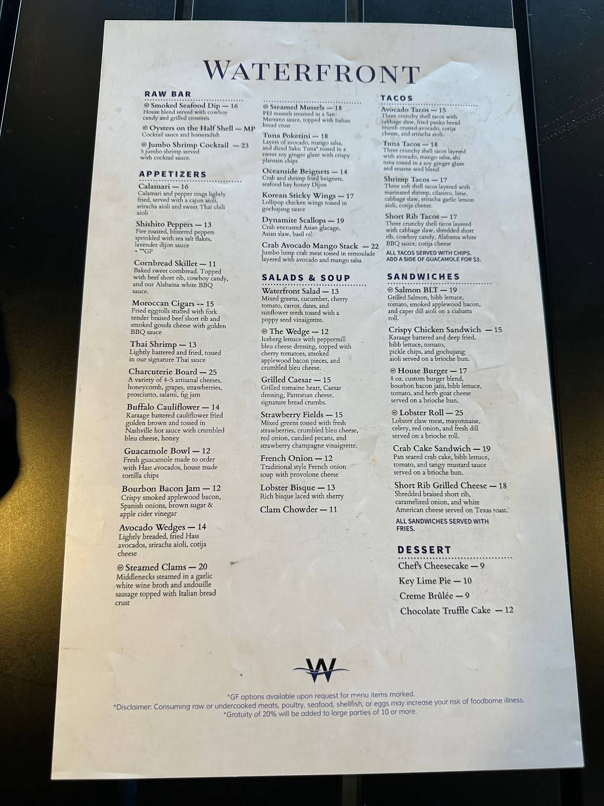 Menu at Waterfront restaurant, Stuart