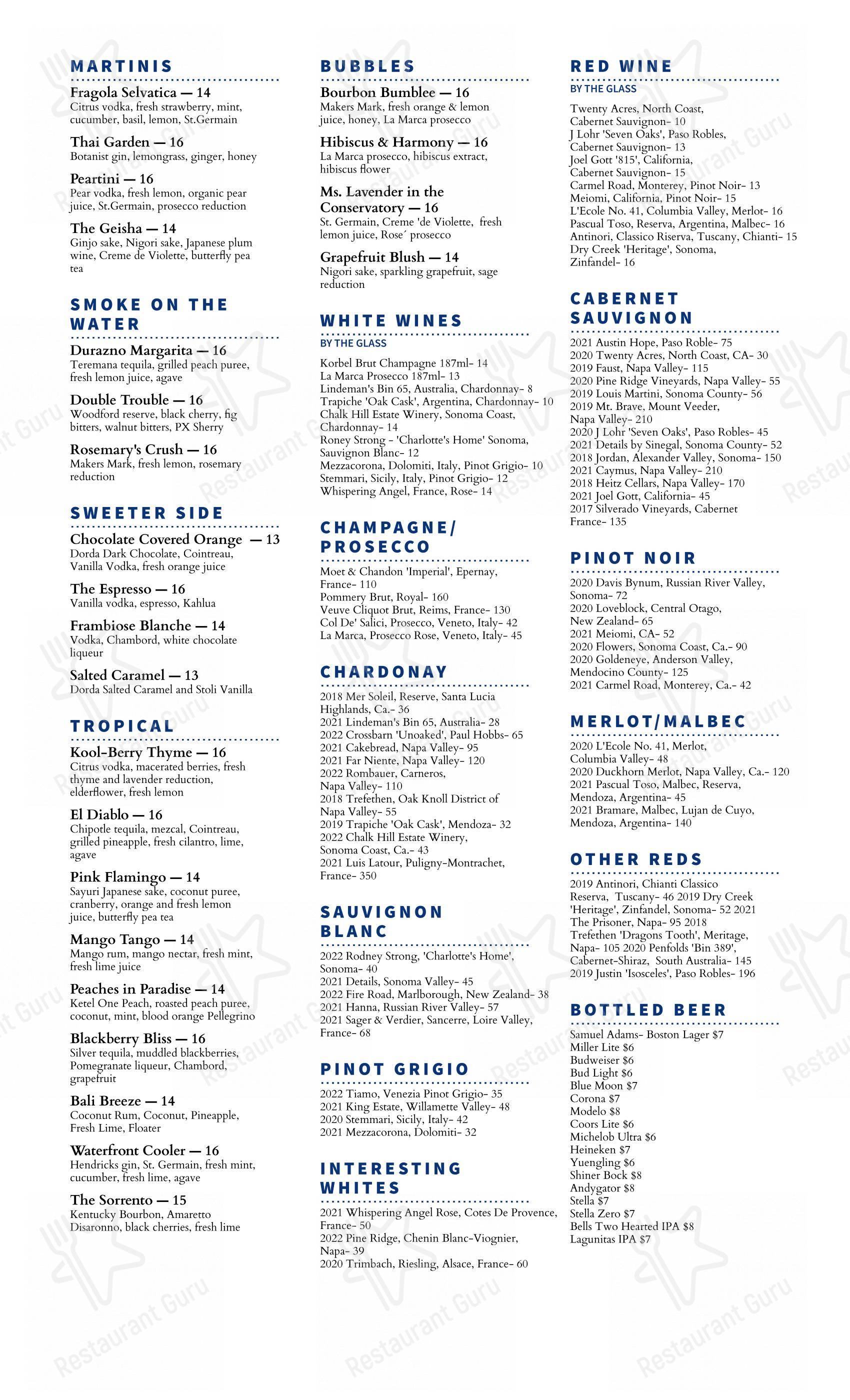Menu at Waterfront restaurant, Stuart
